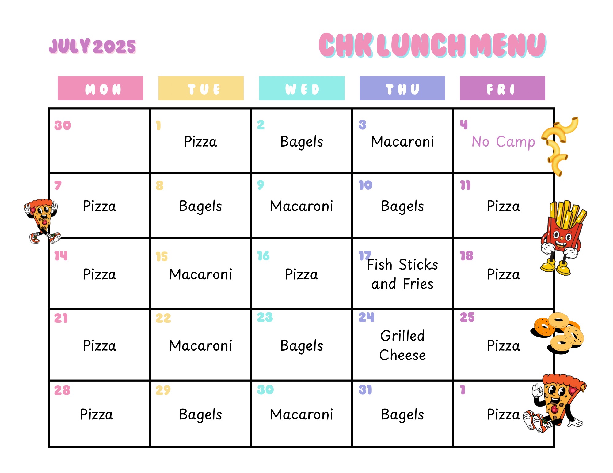 Lunch Menu – Camp Hello Kiddy